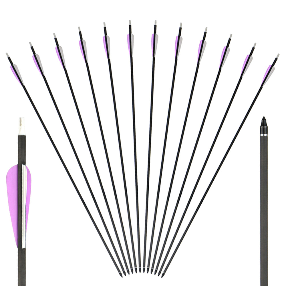 12x 31" OD 7.6mm ID 6.2mm Spine 350 Parabolic Purple Fletched Mixed Ca ...