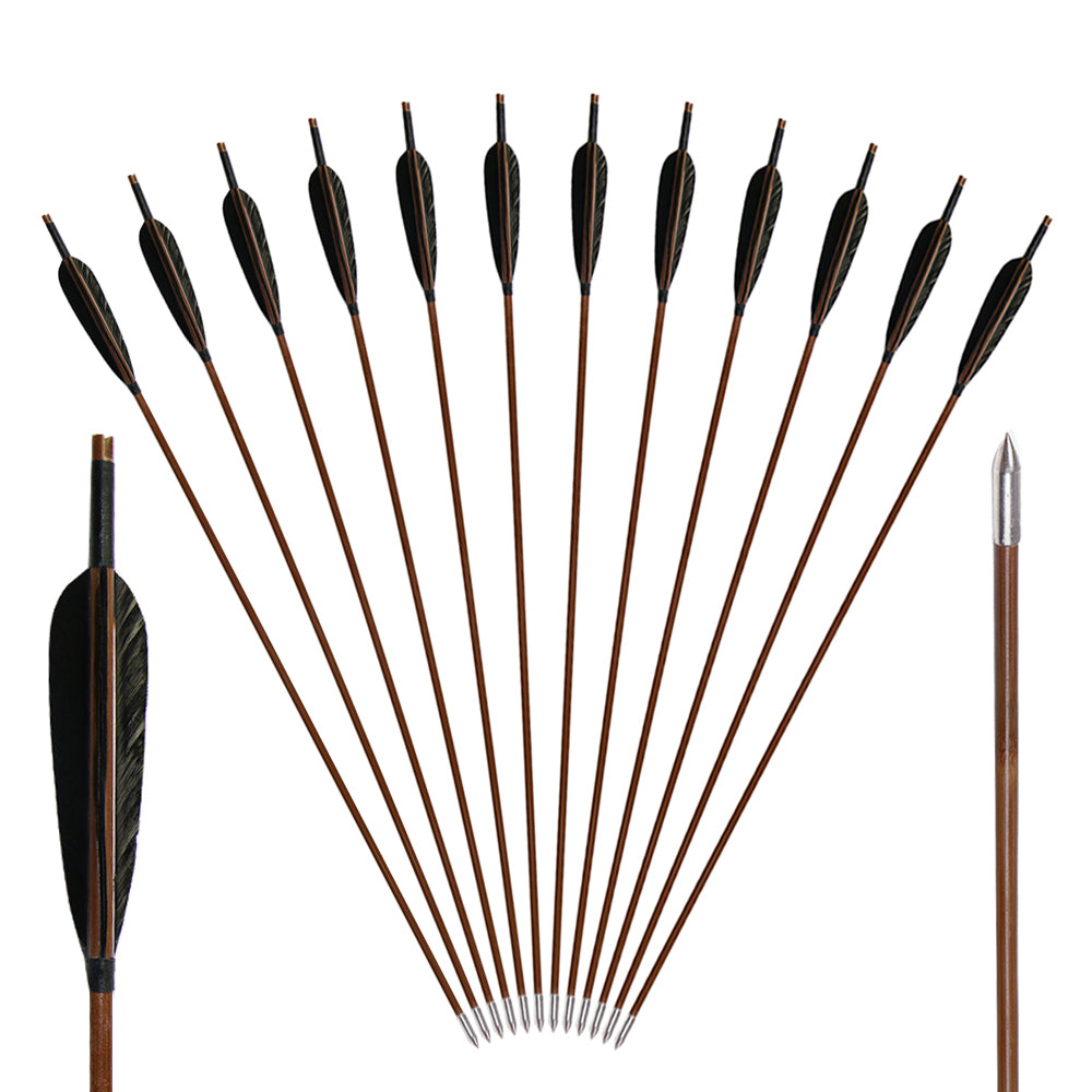 12x 33" 8mm Parabolic Black Feather Fletched Bamboo Archery Arrows wit ...