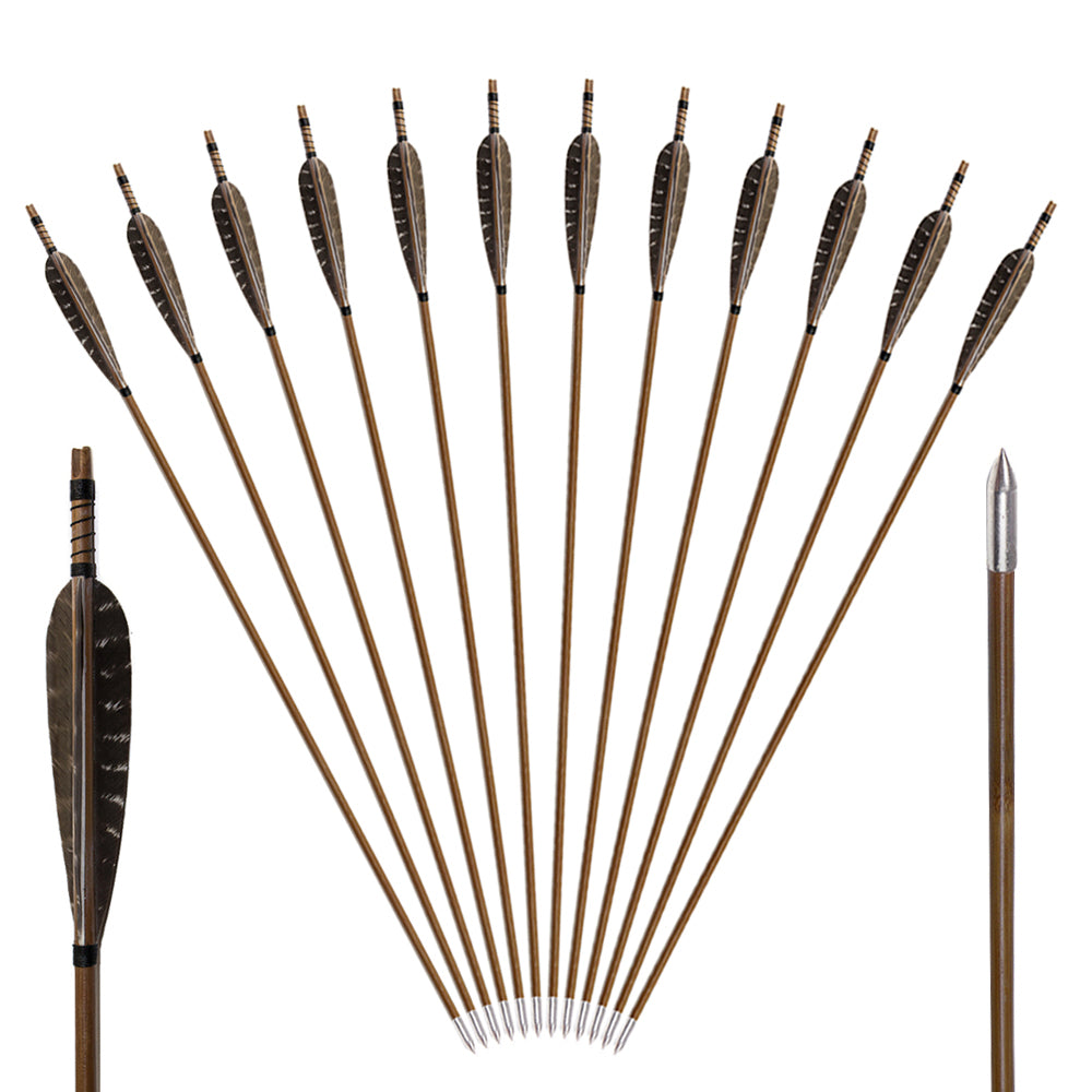 12x 33" Parabolic Natural Barred Feather Fletched Bamboo Archery Arrow ...