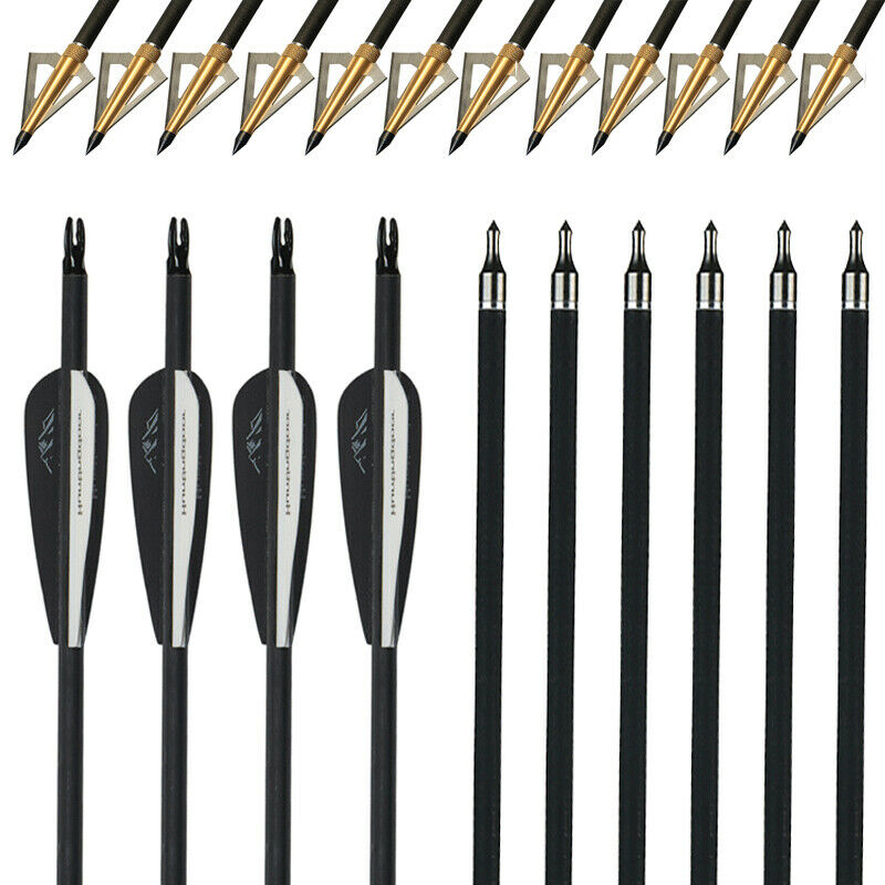 12pcs 31" Hunting Carbon Arrows 12pcs 125gr Hunting Broadheads Outdoor ...