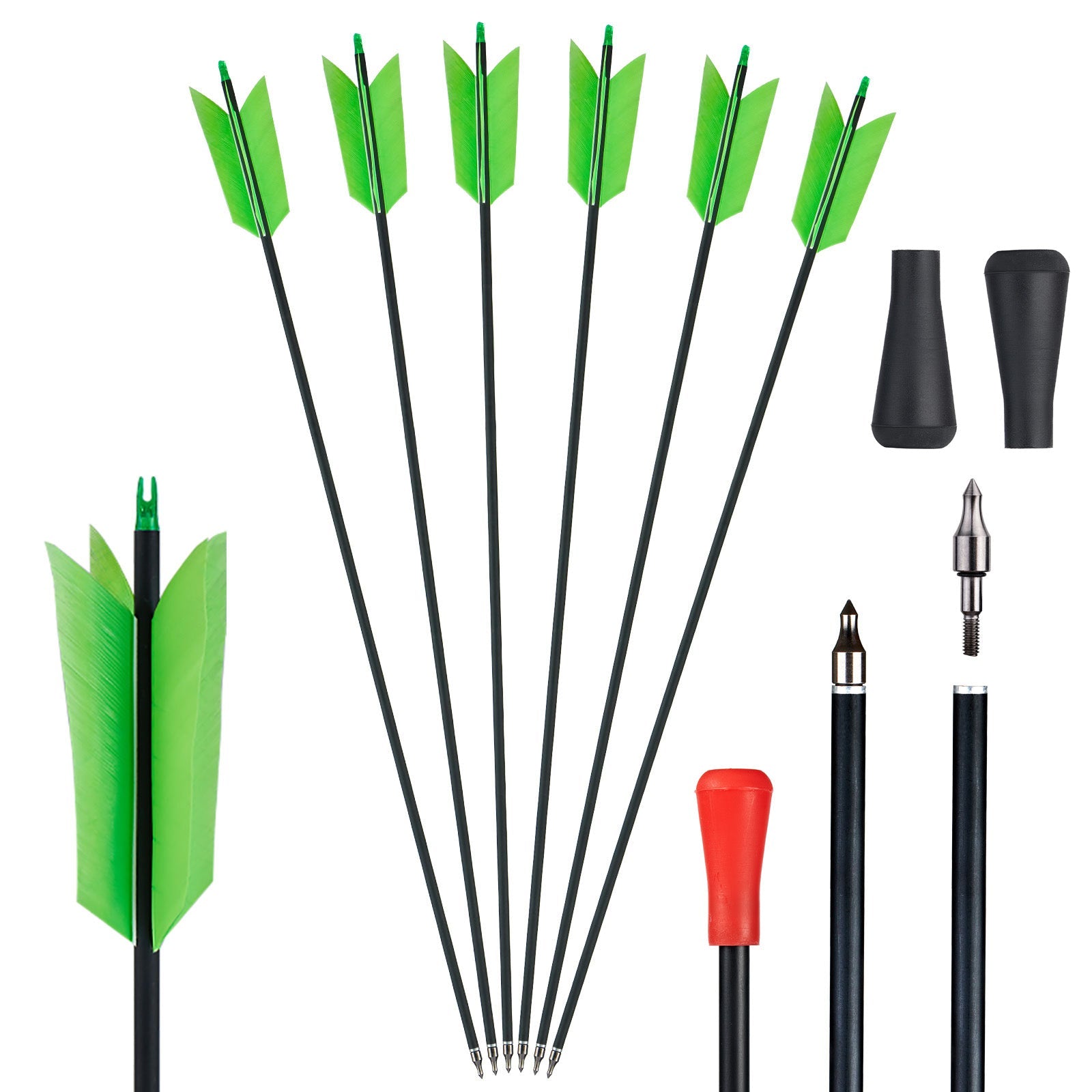 6x Flu Flu 31" Youth Arrows with 6x Rubber Blunts Arrowheads Tips Targ ...