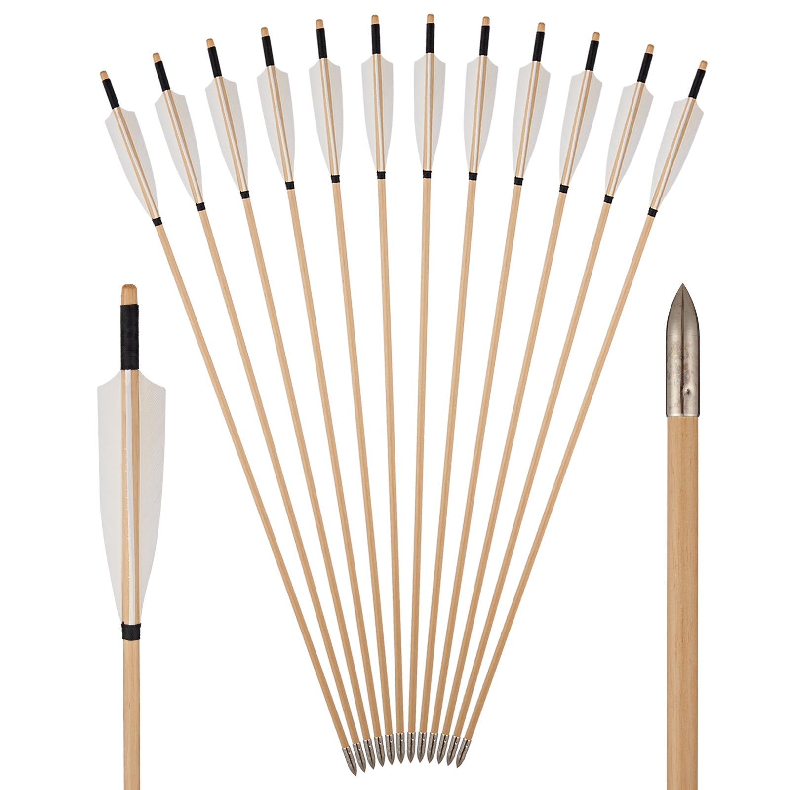 12x 31.5" Fletched Trad Archery Wooden Arrows White Turkey Feather Tar ...